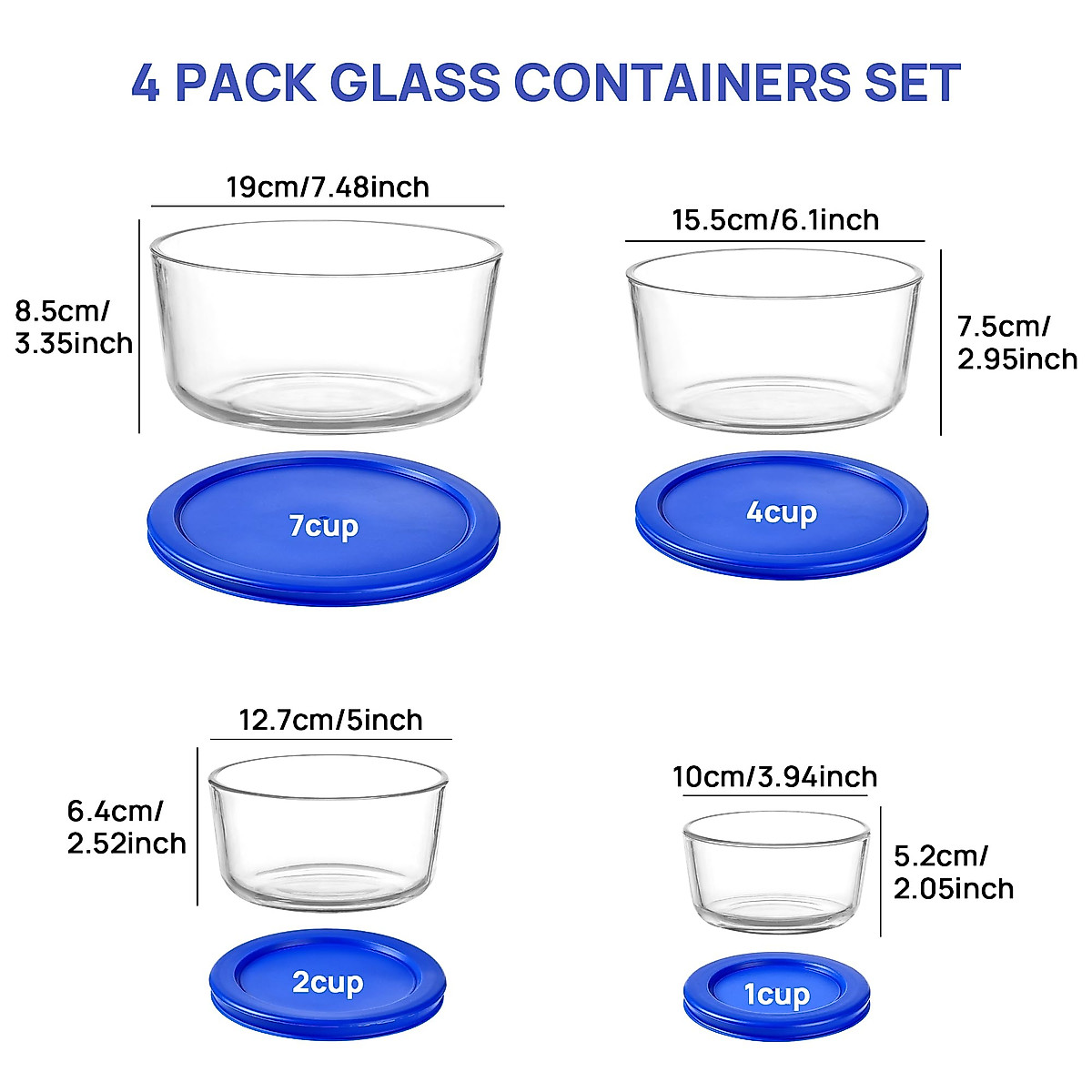 Vtopmart 4 Pack Glass Bowls with Lids (1, 2, 4, 7 Cup), Food Storage Containers, Meal Prep and Leftovers Keeper, Lunch Container, Microwave, Dishwasher & Freezer Safe