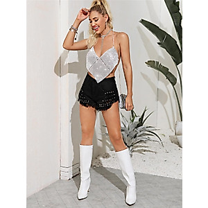 VEINTI+1 Body Chain Sparkly Lime Silver Lingerie Rhinestone Fringe Halter Top Chain Jewelry Metal Crystal Bralette Chain for Women