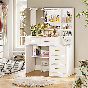 BTHFST Vanity Desk with Sliding Mirror and Lights, Makeup Vanity with Lights and Charging Station, Makeup Desk with 5 Drawers, Modern Vanity Table with Hidden and Open Storage Shelves, White
