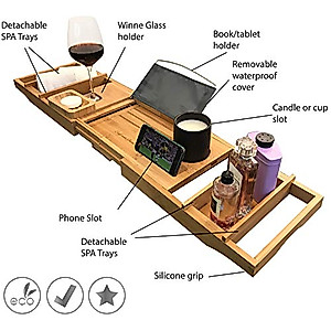 Luxury Bath Caddy Tray for Tub | Bath Table | Premium Bamboo Bathtub Tray for Tub | Fits All Bath Accessories Wine Glass, Books, Tablets, Cellphones, Shampoo, Soap | Bath Shelf Foldable Design