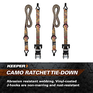 Keeper – 1.25” x 16' Camo Ratchet Tie-Down with J Hooks, 2 Pack - 1,000 lbs. Working Load Limit