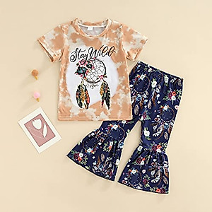 Amuver Baby Toddler Baby Girl Clothes Set Short Sleeve T-Shitrt Top Bell Bottom Pants 2Pcs Summer Outfits Cattle Tiger Pattern (Blue, 4T-5T)