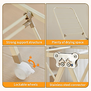 Kaixin Rabbit Foldable Clothes Drying Rack has 18 Rods，Waterproof and Rust-Proof Coating，Lockable Wheels，Steel Laundry Drying Rack，Collapsible for Easy Storage，Works Both Indoors and Out (Cream)