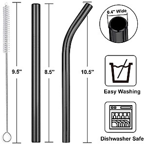 Vannise Reusable Smoothie Straws & Milkshake Straws 0.4" Wide Mouth Straw, Set of 6 Stainless Steel Straws 8.5"&10.5" with 1 Long Straw Cleaner Brush，Black Metal Straws for Jumbo Thicker Drinks