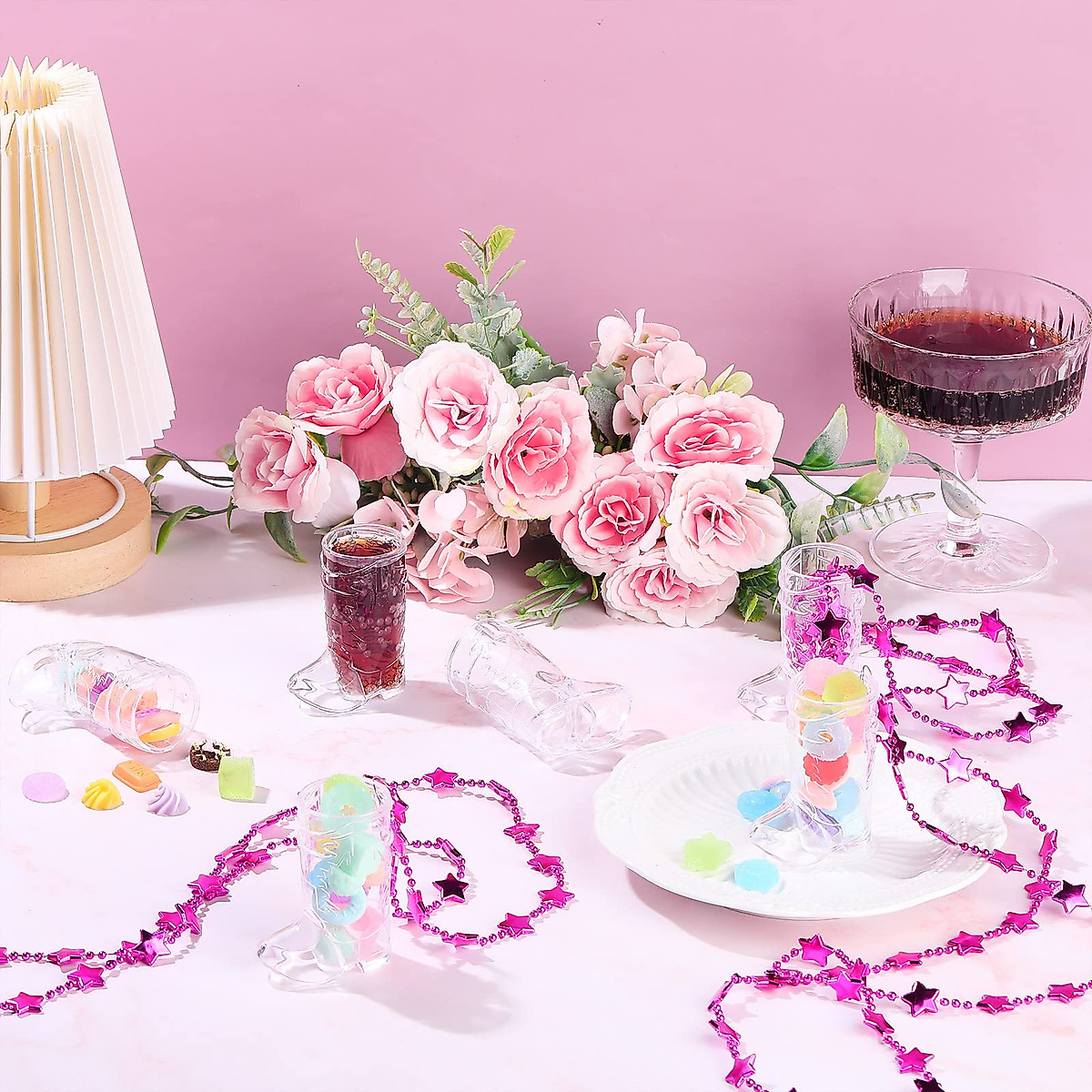 Sureio 24 Sets Cowboy Boot Shot Glass on Beaded Necklace Plastic Cowgirl Mini Boot Shot Necklace Cups Rose Red Bachelorette Party Boot Shot Glasses Necklace for Wedding Bride Birthday