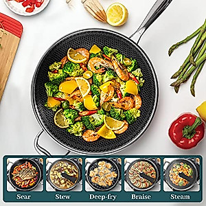 DELUXE Wok and Stir-Fry Pan, Nonstick Honeycomb Pan Kitchen Cookware with Lid, Induction Gas Stove, Suitable for Cooking, Saute, Skillet, Dishwasher and Oven Safe (12.6INCH 316 Stainless steel)