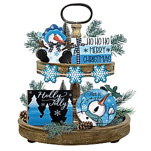 Guoofu Winter Tiered Tray Decor, Christmas Farmhouse Snowman Tray Decorations, Holly Jolly Snowflake Wonderland Wooden Signs, Xmas Holiday Rustic Home Decor for Tabletop Shelf Mantel Party
