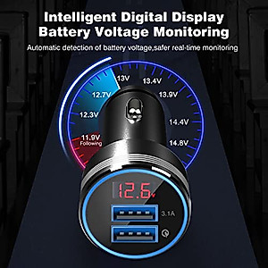 PSXROUKI Car Charger Adapter,5A/51W Dual USB Car Charger Fast Charging QC3.0 Metal Cigarette Lighter USB Charger Voltage Display Compatible with iPhone 11 Pro/8/7/6,iPad Pro, Galaxy Note 8/S8/S7/S6