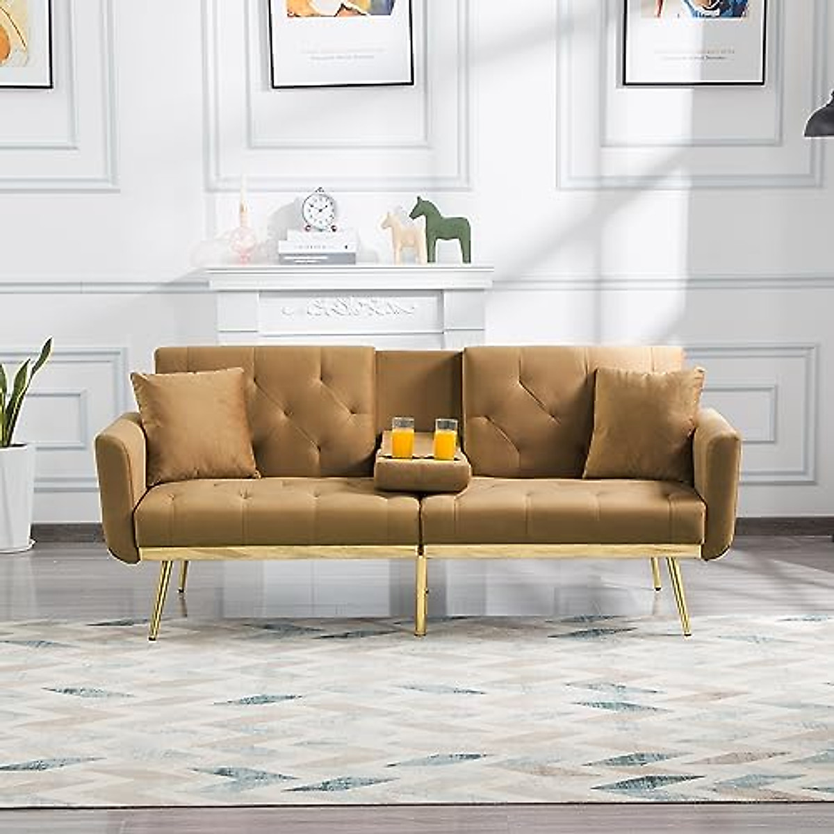 FREESNOOZE 72.4'' Convertible Velvet Sleeper Sofa Bed Loveseat Futon Couch w/2 Cupholders, Metal Legs, 2 Pillows for Home, Office, Guest Room, Apartment-Brown