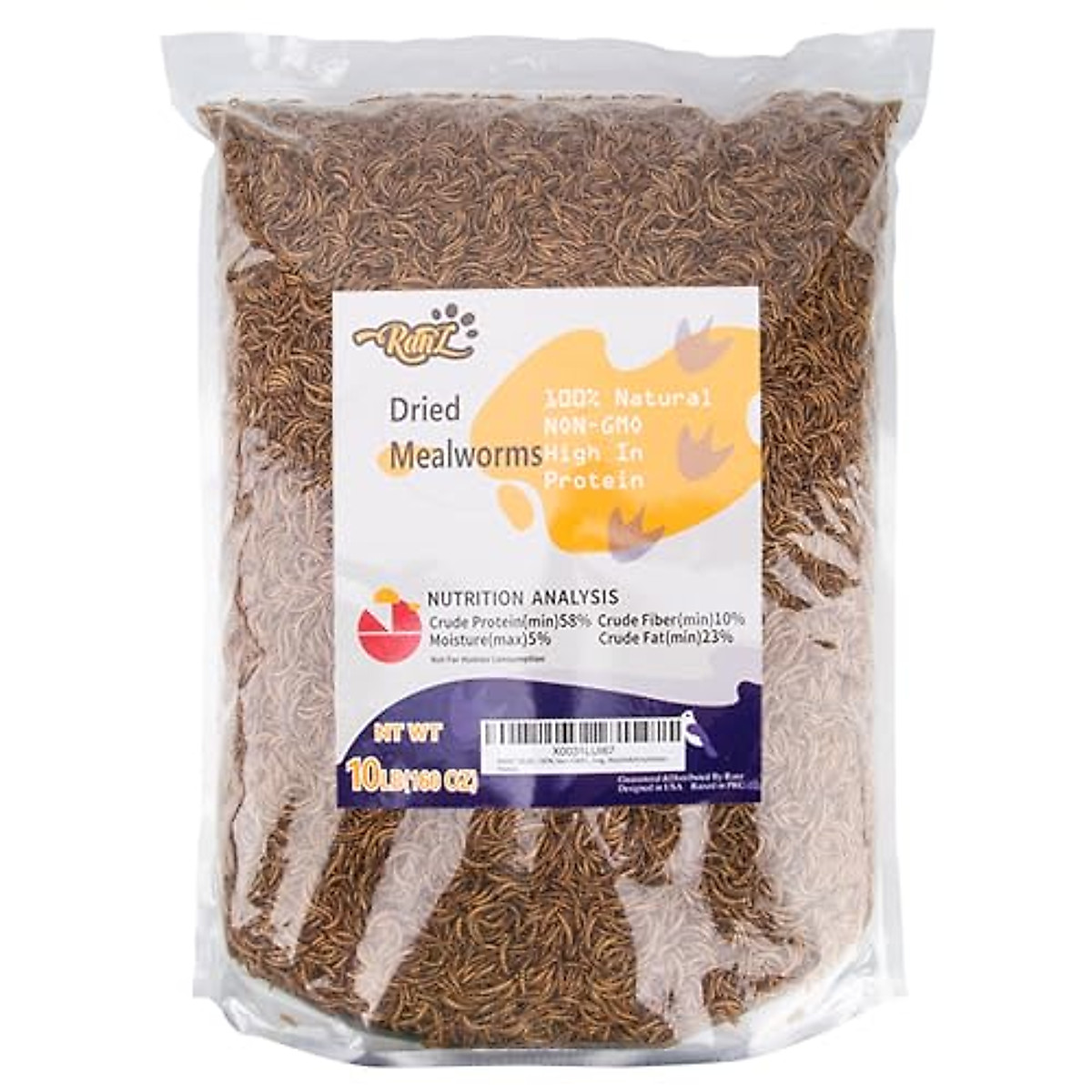 RANZ 10LBS Non-GMO Dried Mealworms for Chickens, High Protein Meal Worms, Whole Large Mealworms for Wild Birds, Ducks, Hedgehogs, Reptiles. Premium Chicken Feed, Perfect Bird Food and Chicken Treats