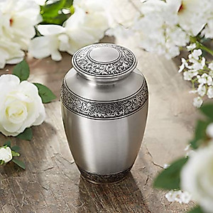 Reminded Cremation Memorial Urn for Human Ashes, Silver Adult Funeral Urn with Velvet Bag