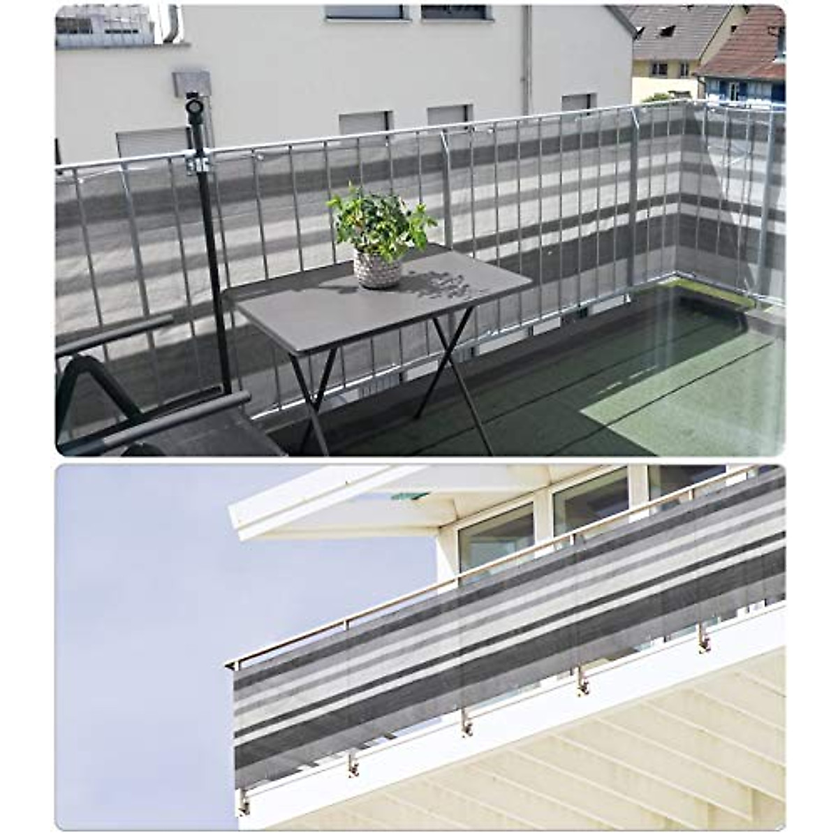 Sekey 2.46'×16.5' Balcony Privacy Screen Balcony Cover HDPE 220 g/m², Slightly Transparent Wind, with Eyelets, Nylon Cable Ties and Cord, Gray Stripes