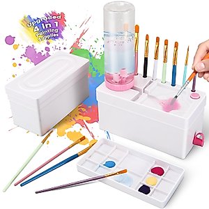 BEFSOP Paint Brush Cleaner, Upgraded 4-in-1 Painting Supplies, Paint Brush Holder with Palette, Brush Rinser for Acrylic, Watercolor Palette, and Water-Based Paints, Drawing and Art supplie (Pink)