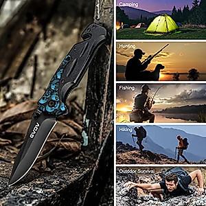 GVDV Utility Pocket Knife with 7Cr17 Stainless Steel - EDC Folding Knife for Outdoor Camping Hunting, Liner-Lock, Clip, Seatbelt Cutter, Glass Breaker for Emergencies, Father's Day Gifts, Blue Skull