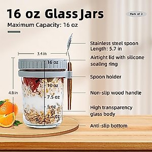 SMARCH Overnight Oats Jars with Lid and Spoon Set of 2, 16 oz Large Capacity Airtight Oatmeal Container with Measurement Marks, Mason Jars with Lid for Cereal On The Go Container (grey)