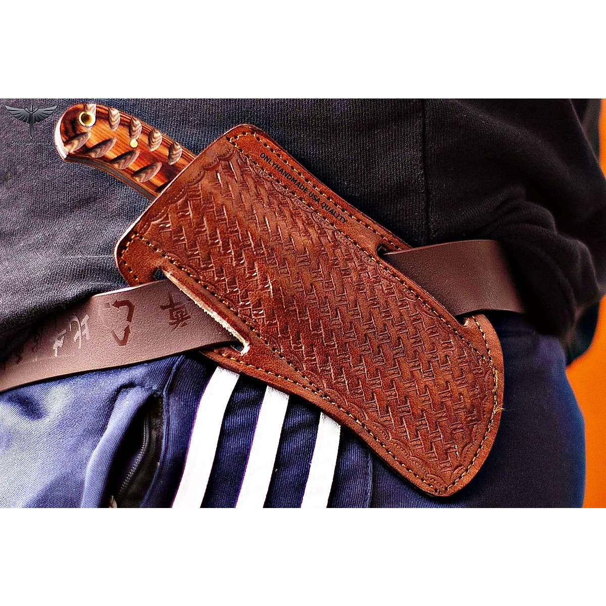 Leather Knife Sheath, Slanted Pancake Sheath, Tooled Leather Sheath, Belt Sheath, Beautiful Cow Boy Bull Cutter Knife Leather Sheath 100% Real Leather and Exotic Cow Hide Sheath - OHM-103 (OHM-103 PANCAKE)