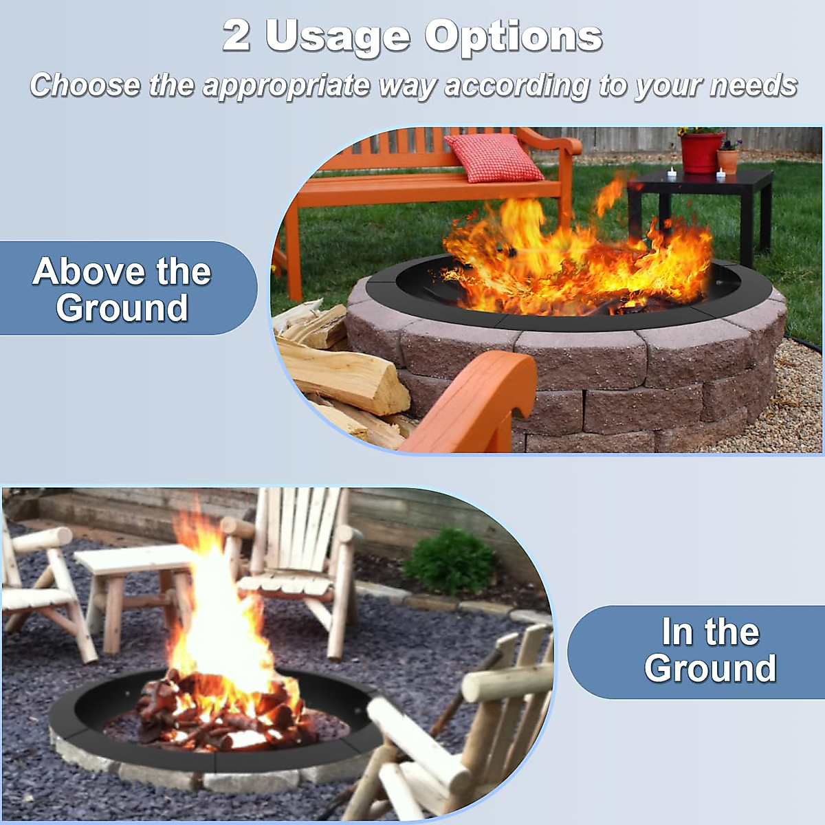 AnBaiMei Round Outdoor Fire Pit Ring Insert 31-Inch Inner 35-Inch Outer Diameter, Heavy Duty Metal Steel DIY Firepit Liner Campfire Rings for Outside Wood Burning Above or In-Ground, Black