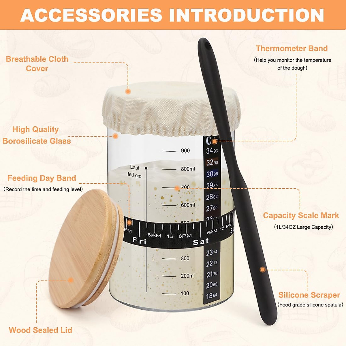 UHAPEER 2 Pack Sourdough Starter Kit, 34Oz Glass Jar Sourdough Starter Jar Kit with Thermometer, Feeding Date Band, Cloth Cover, Spatulas, Measuring Spoon, Reusable Baking Supplies for Beginners