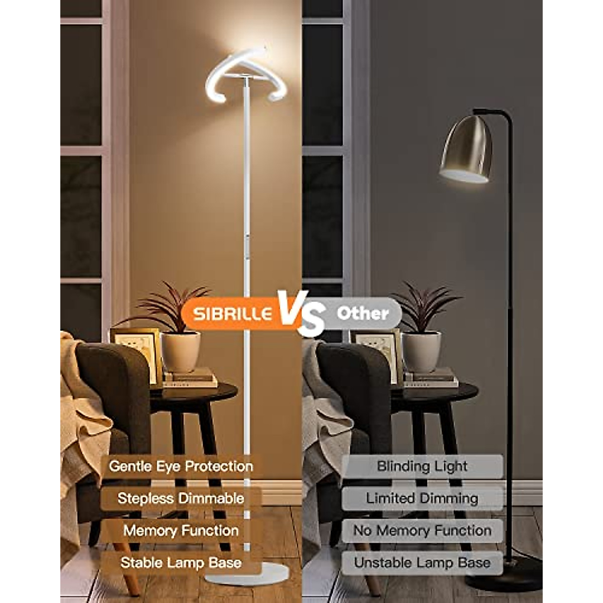 SIBRILLE White Floor Lamp, Modern Stepless Dimmable Standing Lamp 3000-6000K, 20W LED Rotatable Reading Tall Lamp, Touch & Remote Control Uplighter Floor Lamps for Living Room Bedroom Office
