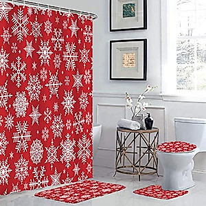 GRIEKOWE 4 Pcs Shower Curtain Set Christmas Snowflake Red Winter Xmas with Non-Slip Rugs Toilet Lid Cover and Bath Mat Bathroom Decor Set, Screen Full of Small Snowflakes 72" x 72" in