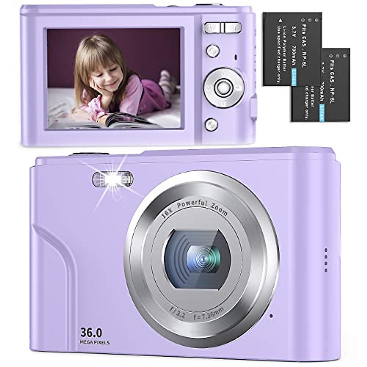 Digital Camera FHD 1080P 36MP Vlogging Camera Rechargeable Kids Camera with 16X Digital Zoom, LED Fill Light, LCD Screen, 2 Batteries, Compact Portable Pocket Camera for Teens Students (Purple)