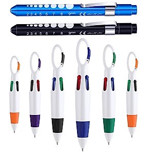 LUCS & JURS 2 Pcs Pen Light with 6 Multicolor Pen- Nurse Flashlight Pen with Pupil Gauge & 9 mm Ruler & Six 4 in 1 Multicolor Ballpoint Pen Pack- Carabiner Pens for Writing