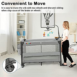 JOYMOR Baby Bedside Sleeper, Extra Large Bed Side Bassinet, Pack n Play Convert Playpen, Quick Foldable Travel Bassinet Bed, with Toy, Wheels & Brake, Carry Bag for Boys Girls