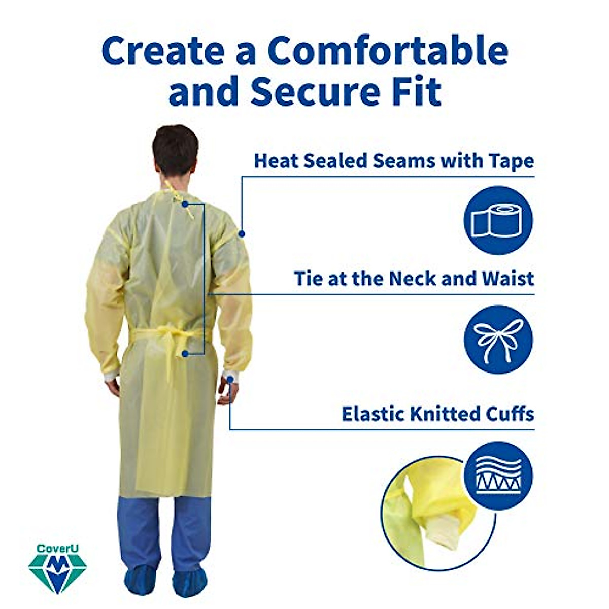 Medtecs Disposable Isolation Gowns - AAMI Level 4 PPSB+PE 36 gsm - 10/100 PC - Seal Tape & Elast Cuffs, Fluid Resistant Durable Comfortable PPE - CoverU Series, Unisex Adult | Yellow, 10 PC