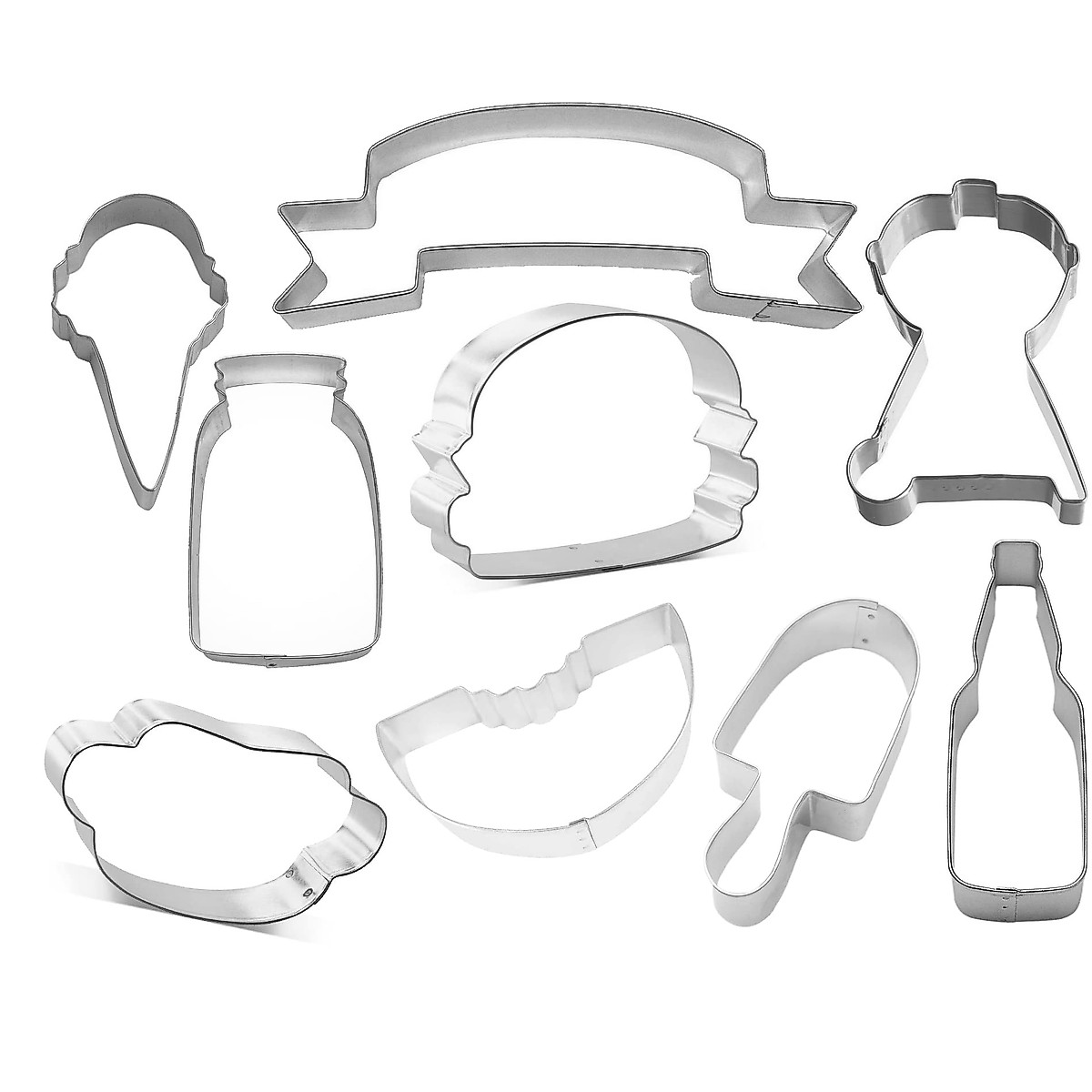 BBQ Grill Cookout Party Cookie Cutter 9 Piece Set from The Cookie Cutter Shop - BBQ Grill, Hamburger, Hot Dog, Mason Jar, Watermelon Cookie Cutters – Tin Plated Steel Cookie Cutters