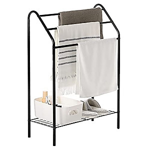 MyGift 3 Tier Matte Black Metal Bathroom Towel Bar Rack, Freestanding Laundry Room Clothes Drying Stand with Bottom Storage Shelf