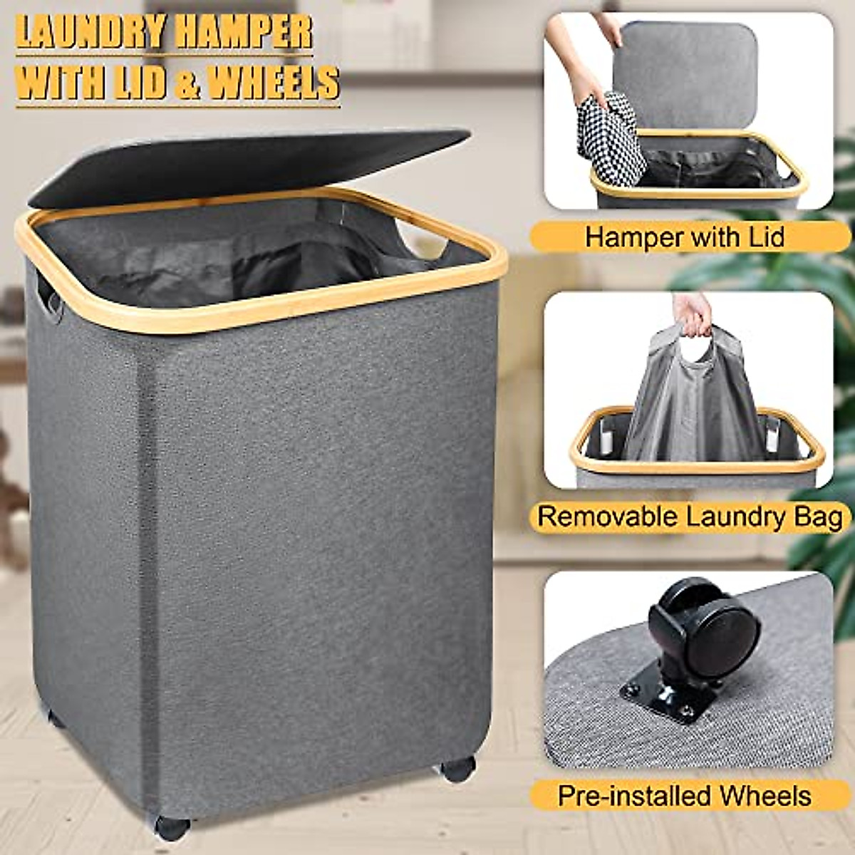 Foldable Laundry Hamper With Lid - 73L Large Laundry Basket with Wheels and Removable Laundry Bag, Portable Cloth Hampers for Home Storage, Travelers Apartments (Grey)