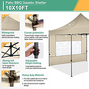 COBIZI 10x10 Pop Up Canopy Tent with 4 sidewalls Commercial Heavy Duty Canopy UPF 50+ All Weather Waterproof Outdoor Canopy Wedding Tents for Parties Gazebo with Roller Bag, Khaki (Windproof Upgraded)