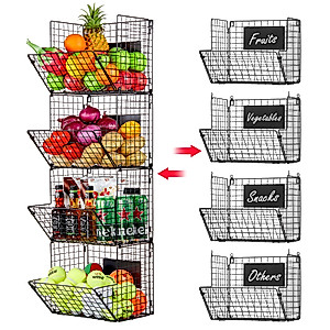 X-cosrack Metal Wire Basket Wall Mount, 4 Tier Extra Large Wall Storage Basket Organizer with Chalkboards, Kitchen Fruits and Vegetables Produce Bin Rack Toys Organizer Bathroom Tower Baskets (Black)