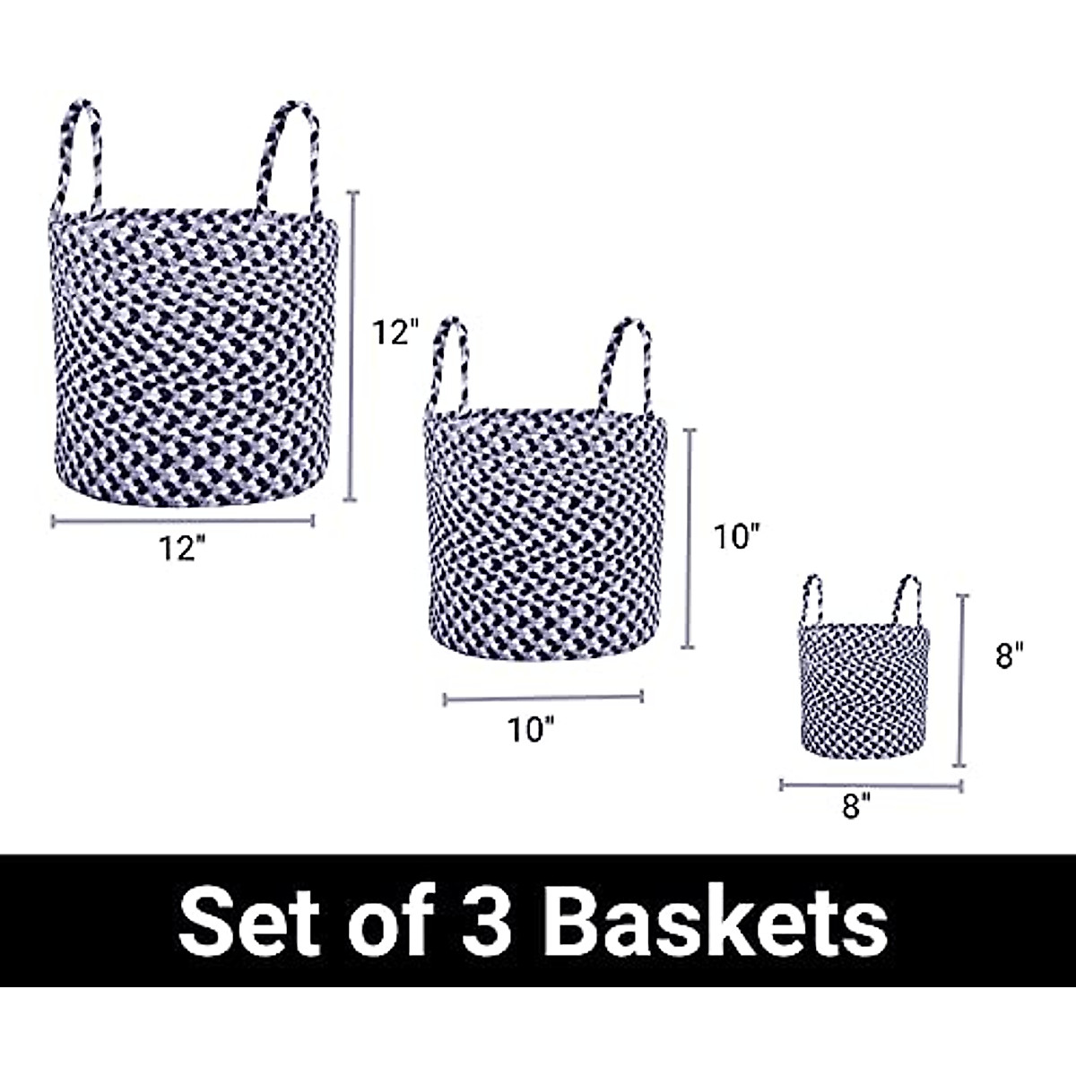 Super Area Rugs Farmhouse Plant Basket/Planter Multi Purpose Open Top Bin with Handles, Cotton Rope Basket, 8-inch, 10-inch and 12-inch Blue, White, Gray