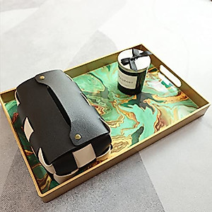 Leemxiiny Green Marbling Decorative Tray with Handles, Morden Plastic Rectangular Serving Tray for Coffee Table Bathroom, Ottoman, Home Decor, 15.7"* 10.2"* 1.38"