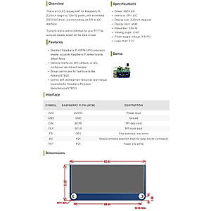 waveshare 2.23inch OLED Display HAT for Raspberry Pi 128×32 Pixels with Embedded 1305 Driver Communicating via SPI or I2C Interface.