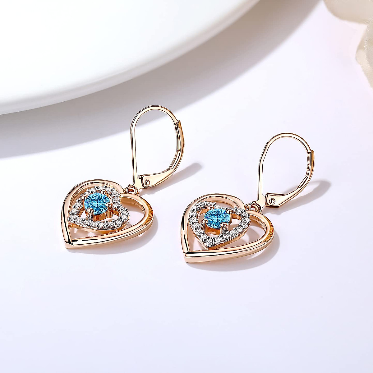 JD&P Forever Love Heart Drop Dangle Earrings Set for Women, Rose Gold Tone 18k Gold Plated with Birthstone Zirconia, Valentines Day Mothers Day Birthday Christmas Gift Ideas for Mom Daughter Grandma