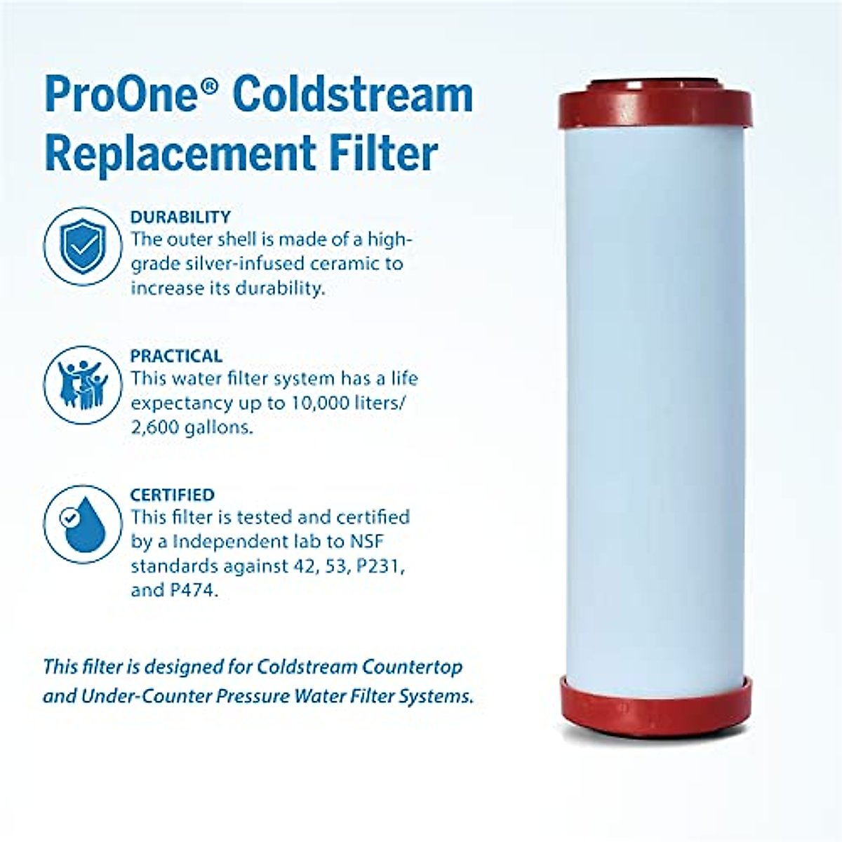 ProOne/Coldstream Replacement Filter for the ProOne Countertop or Under-Counter Water Filter System, Independently Tested Proven to Reduce PFAS