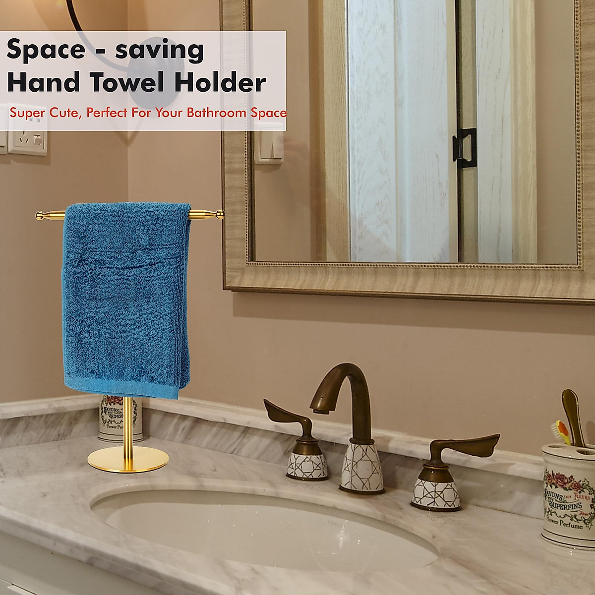 Gold Hand Towel Holder Stand for Bathroom Vanity Countertop Stainless Steel T-Shape Free Standing Towel Rack Stand Towel Bar for Bathroom Kitchen (Gold)