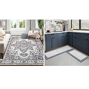 Oriannal 5x7ft Washable Area Rugs Boho Gray +2 PCS Kitchen Rugs Non-Slip 17 X30/17X47 Inch Gray and White