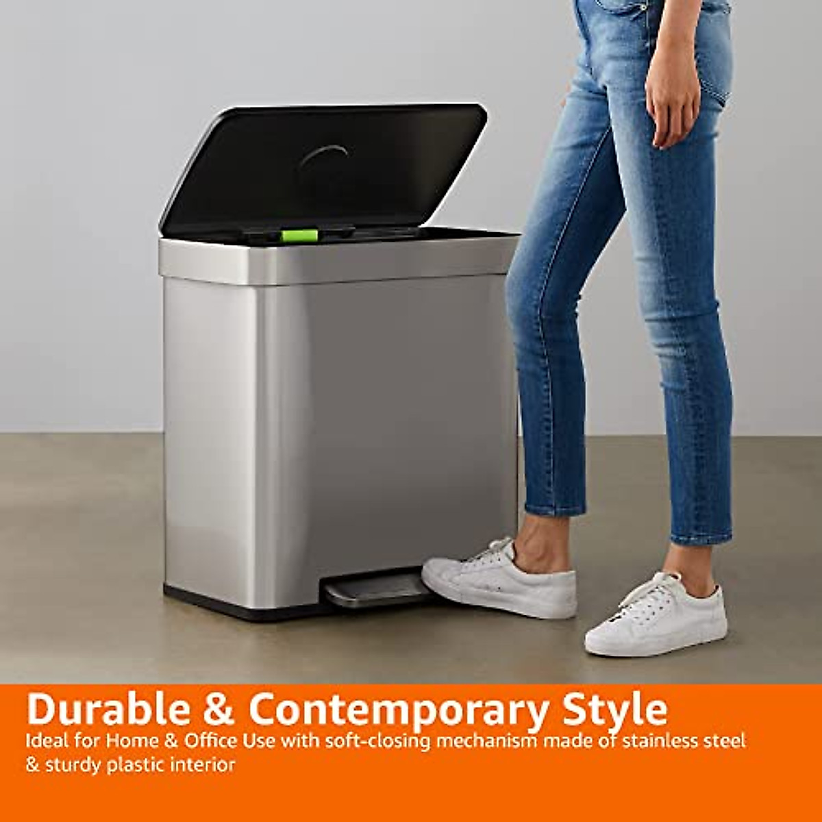 Amazon Basics Rectangular Recycling Trash Can with 2 Compartments - 60 Liter