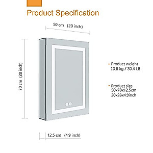 Janboe 20 Inch X 28 Inch Surface Mount LED Lighted Mirror Medicine Cabinet Single Door Bathroom Cabinet Double Touch Switches for Dimmer and Anti-Fog Function
