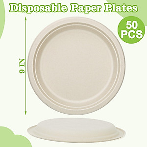 50 PCS Compostable Paper Plates, 9" Heavy Duty Disposable Plates, Biodegradable Sugarcane Fiber Natural Bagasse Party Plates Microwave Safe Dinner Plates Bulk for Daily Use Birthday Wedding Picnic