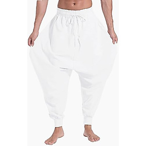 perdontoo Mens Baggy Harem Pants Elastic Waist Hippie Anime Pant Japanese Drop Crotch Trousers (32, White)