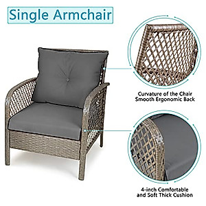 FYRICKYLINOO Patio Furniture Wicker Armchair 2 Pieces Outdoor Chairs Set with 2 PCS Pillows, All-Weather PE Rattan Single Chair for Garden Backyard Balcony,Grey Cushions