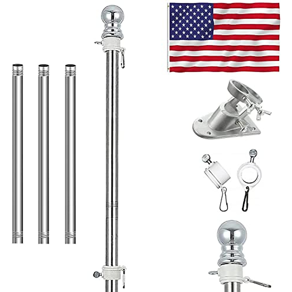 American flag with pole,Flag poles kit for 3 x 5 Flags Holder,Including 100% Polyester Flags, 6 FT stainless steel No Tangle Spinning Pole and 2-Position Flag Pole Bracket（American flag）