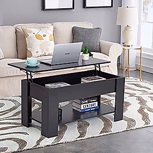 FDW Lift Top Coffee Table with Hidden Compartment and Storage Shelf Wooden Lift Tabletop for Home Living Room Reception Room Office (Black)