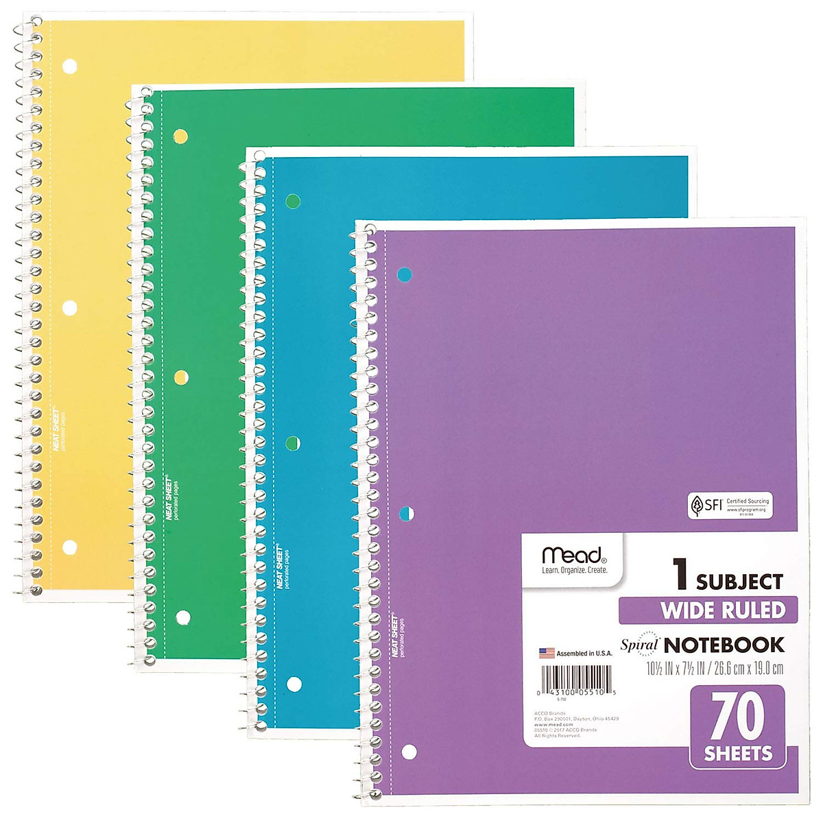 Mead Spiral Notebook, 4 Pack, 1-Subject, Wide Ruled Paper, 7-1/2" x 10-1/2", 70 Sheets per Notebook, Colors Will Vary (72873)