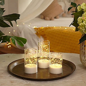 Homemory White Clear Flameless Candles with Remote, Embedded Twinkle String Lights in Acylinder Battery Pillar Candles, Unique Timer Fake Candles for Wedding Home Decor, 8 Mode Lights, Set of 3