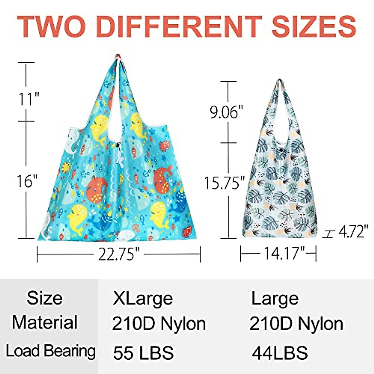 LotFancy Reusable Grocery Bags, 1 Extra-Large XL+1 Large Foldable Shopping Bags with Attached Pouch, Waterproof Nylon Grocery Bags, Machine Washable and Eco-Friendly